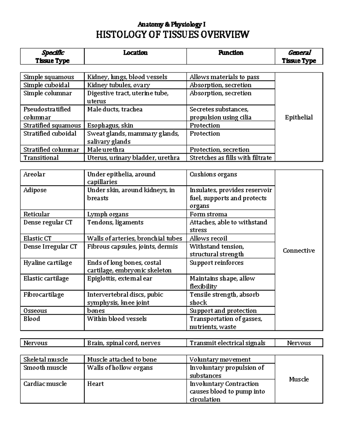 Histology Tissue Overview - Anatomy & Physiology I HISTOLOGY OF TISSUES ...