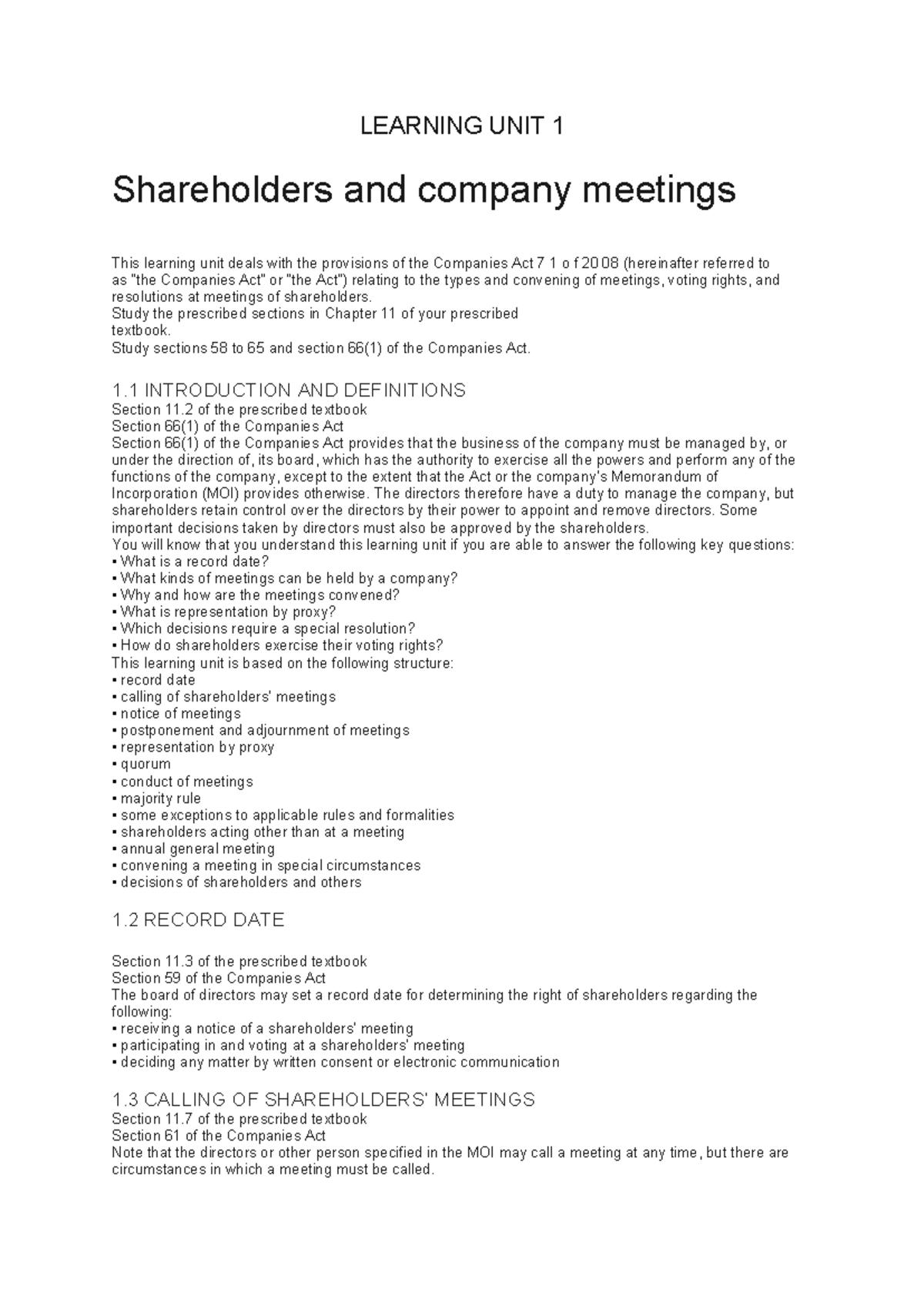 Learning UNIT 1 - unit one completely - LEARNING UNIT 1 Shareholders ...