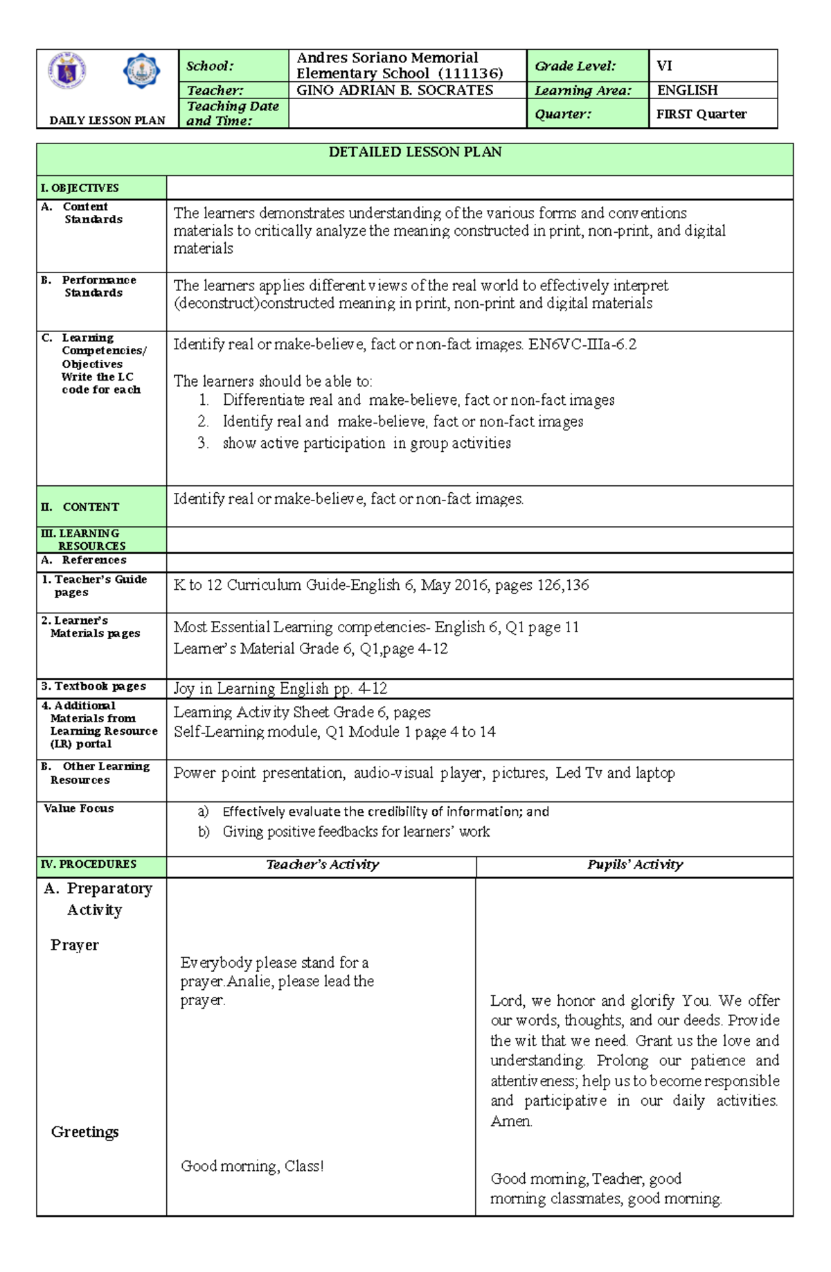English Lesson Plan - DAILY LESSON PLAN School: Andres Soriano Memorial ...