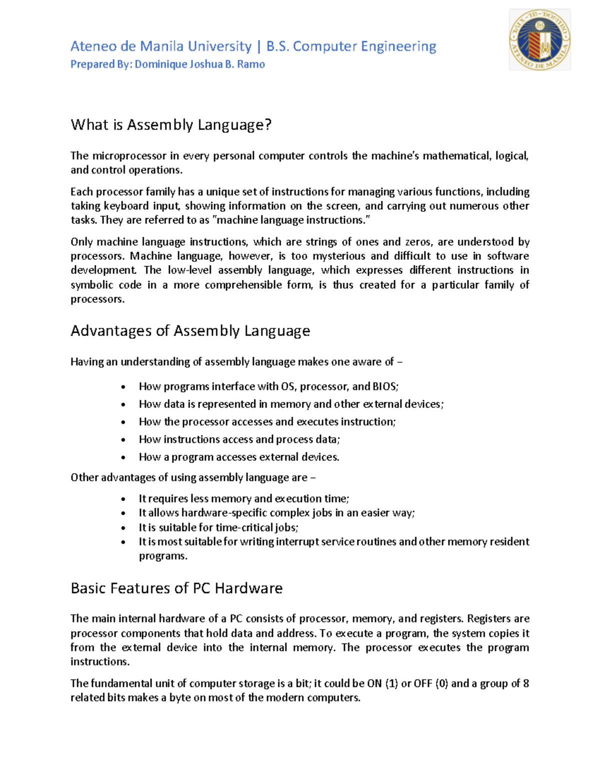 Compro 1 - Assembly Programming Tutorial - Prepared By: Dominique Joshua B. Ramo What is ...