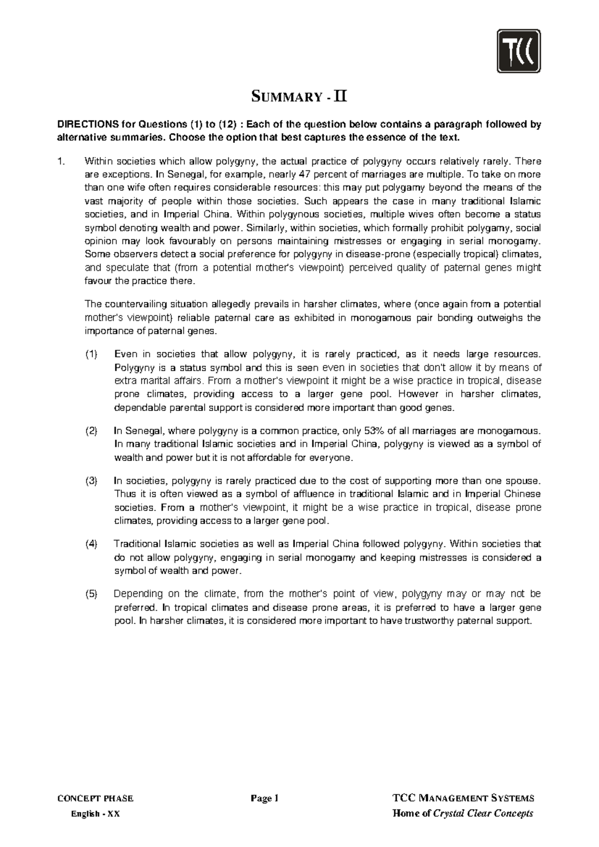 20 summary - ii - CONCEPT PHASE Page 1 TCC MANAGEMENT SYSTEMS SUMMARY - II DIRECTIONS for ...