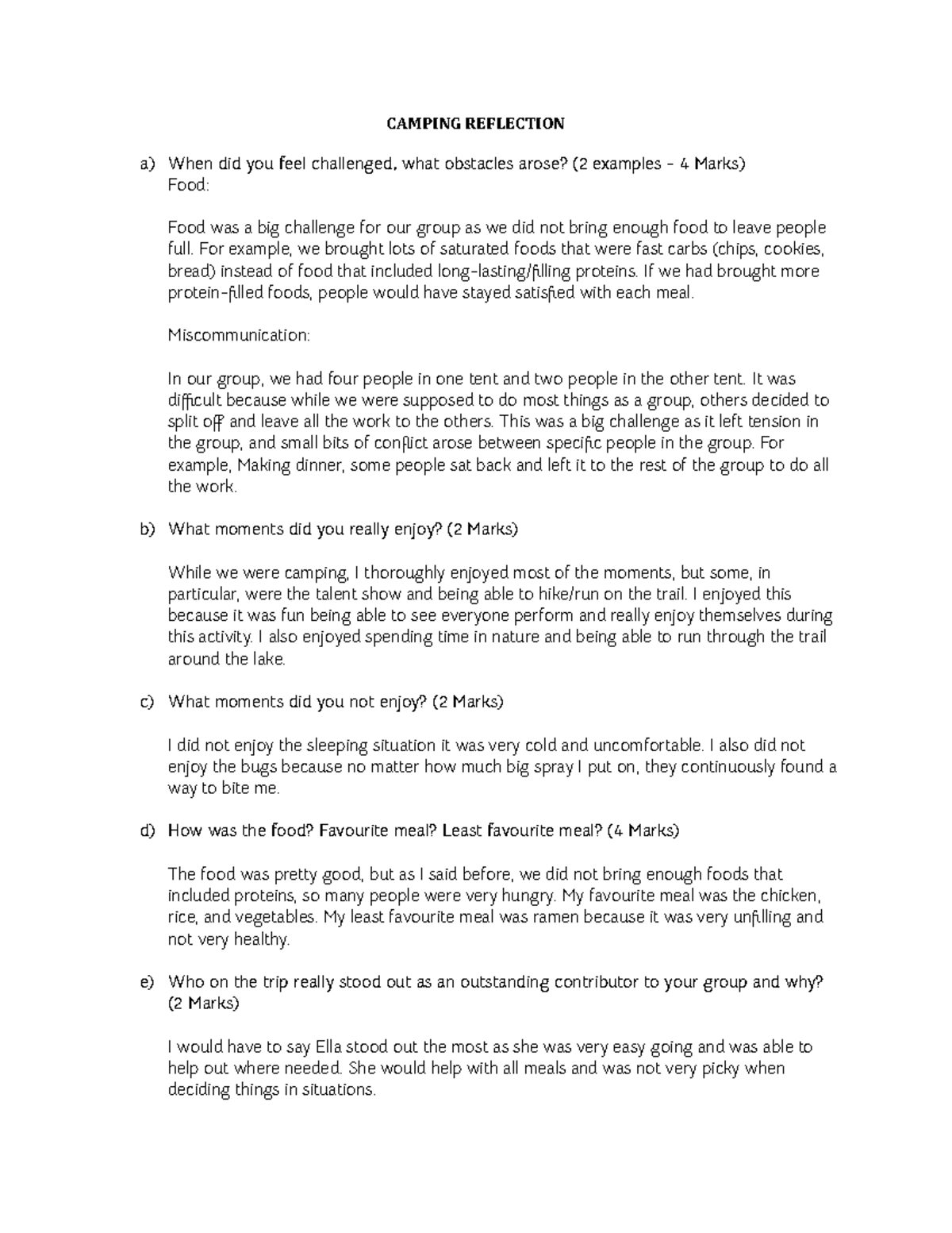 Camping Reflection 2023 - CAMPING REFLECTION a) When did you feel ...