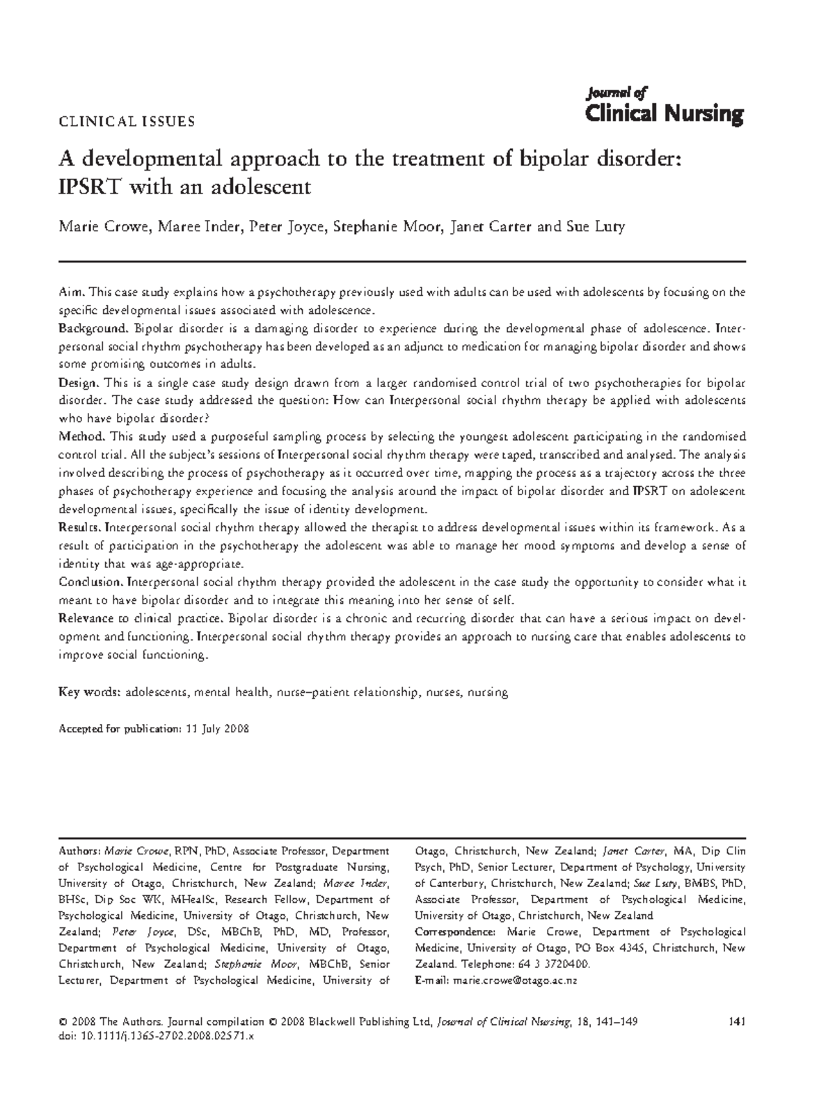 A developmental approach to the treatment of bipolar disorder: IPSRT ...