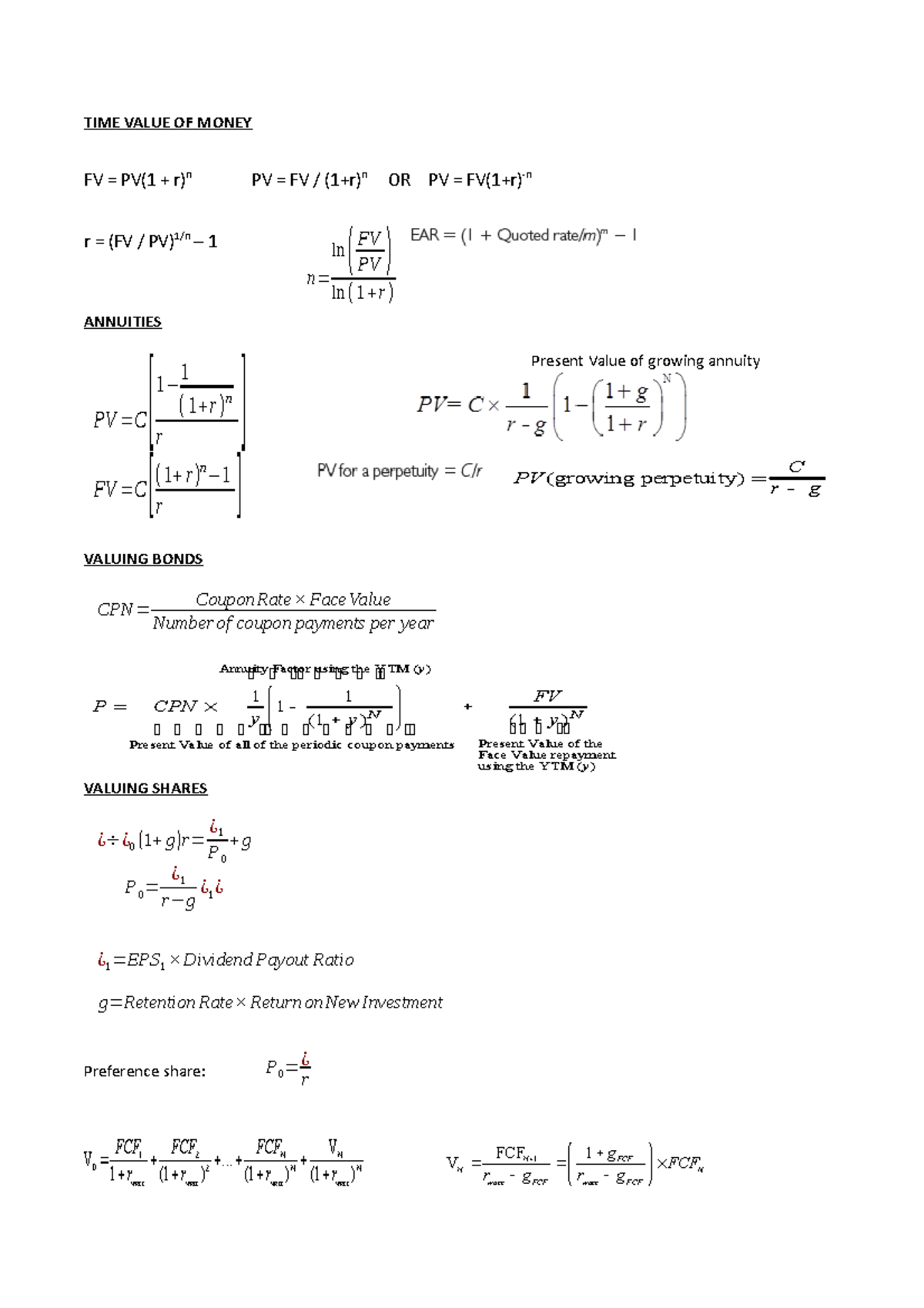 CO5109 Formula - PV (growing perpetuity) C r g Annuity Factor using the ...
