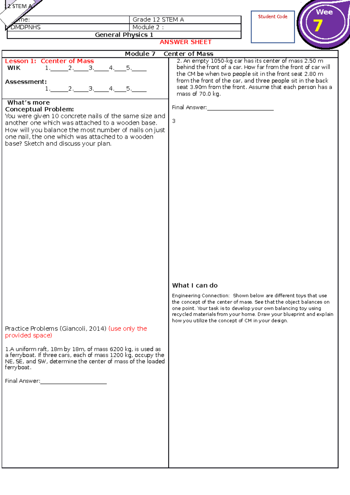 Answer-Sheet-1ST-Quarter-General-Physics-1 Week 7 - Name: Grade 12 STEM ...