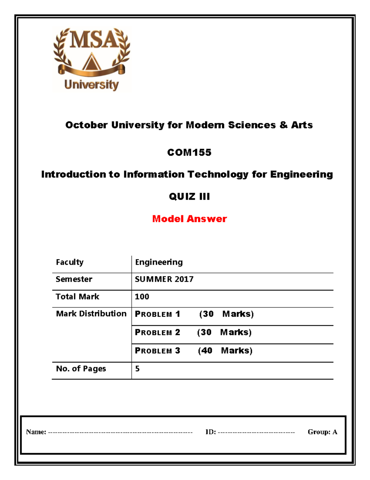 IT - Quiz 3 - Summer 2017 - October University for Modern Sciences ...