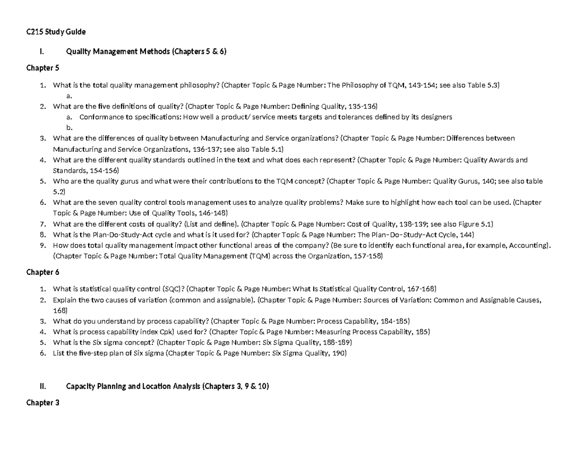 C215 Study Guide - I. Quality Management Methods (Chapters 5 & 6 ...