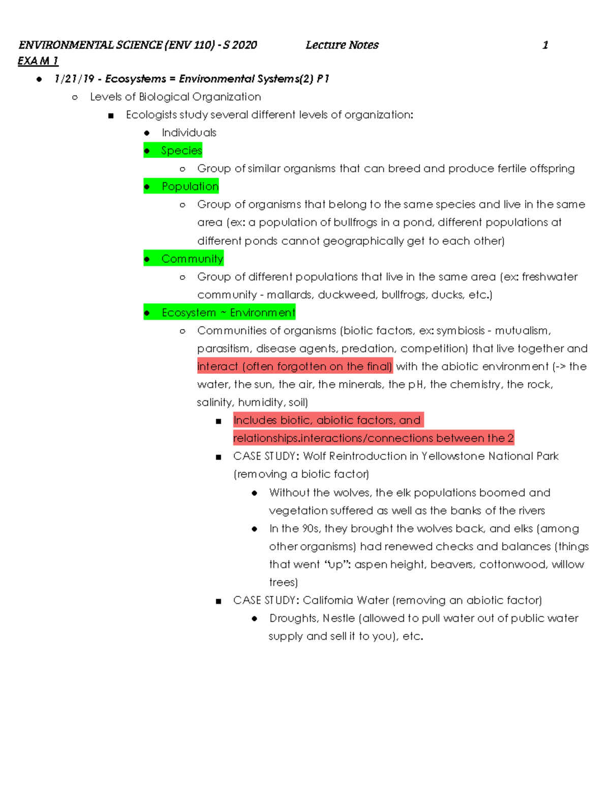 ENV 110 Lecture Notes - EXAM 1 1/21/19 - Ecosystems = Environmental ...