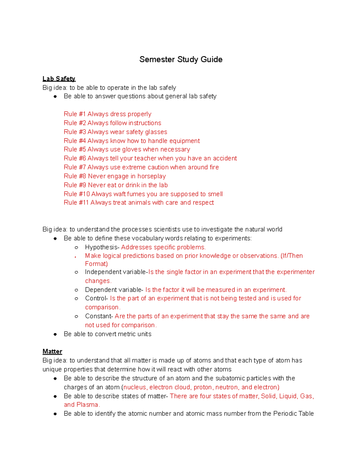 First Semester Guide - Angelina S - Semester Study Guide Lab Safety Big ...