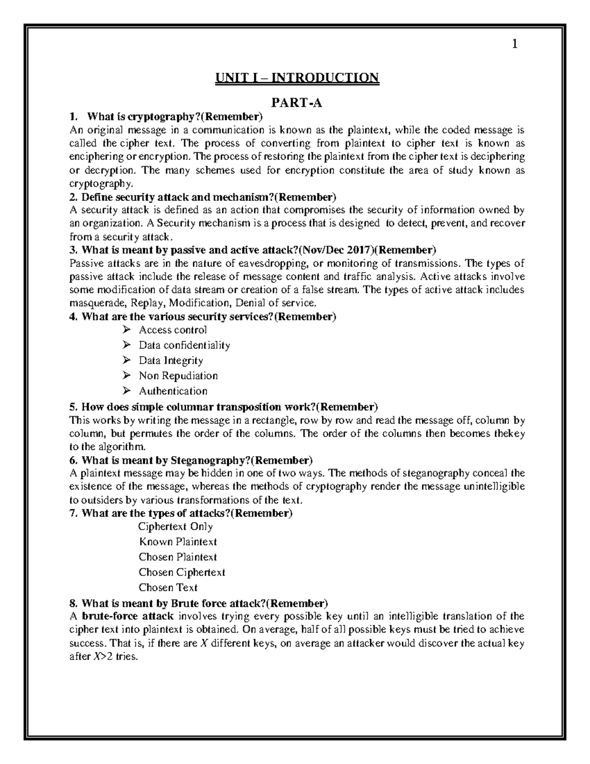 6 Qbank 2 Mark Dpco 2 Marks Unit I Introduction Part A What Is Cryptographyremember An