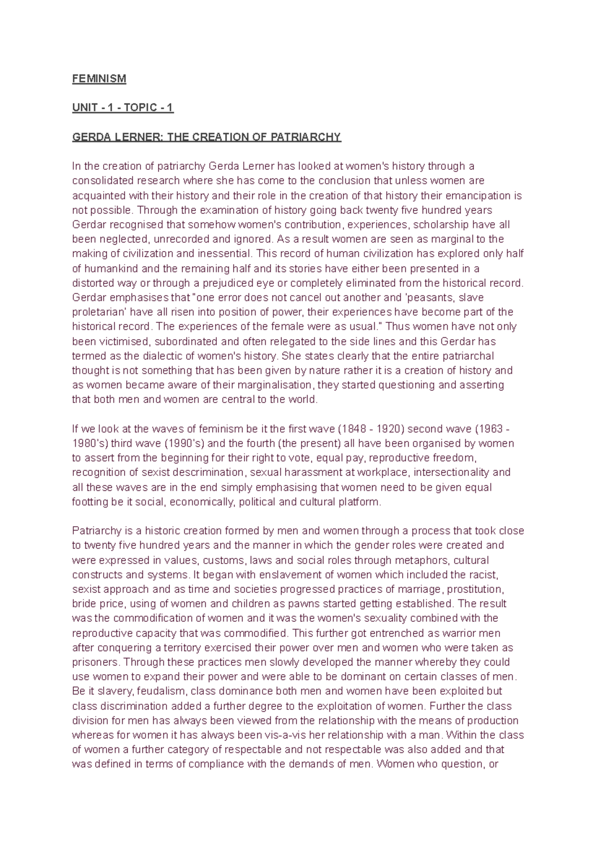 Feminism topic 1 - FEMINISM UNIT - 1 - TOPIC - 1 GERDA LERNER: THE ...