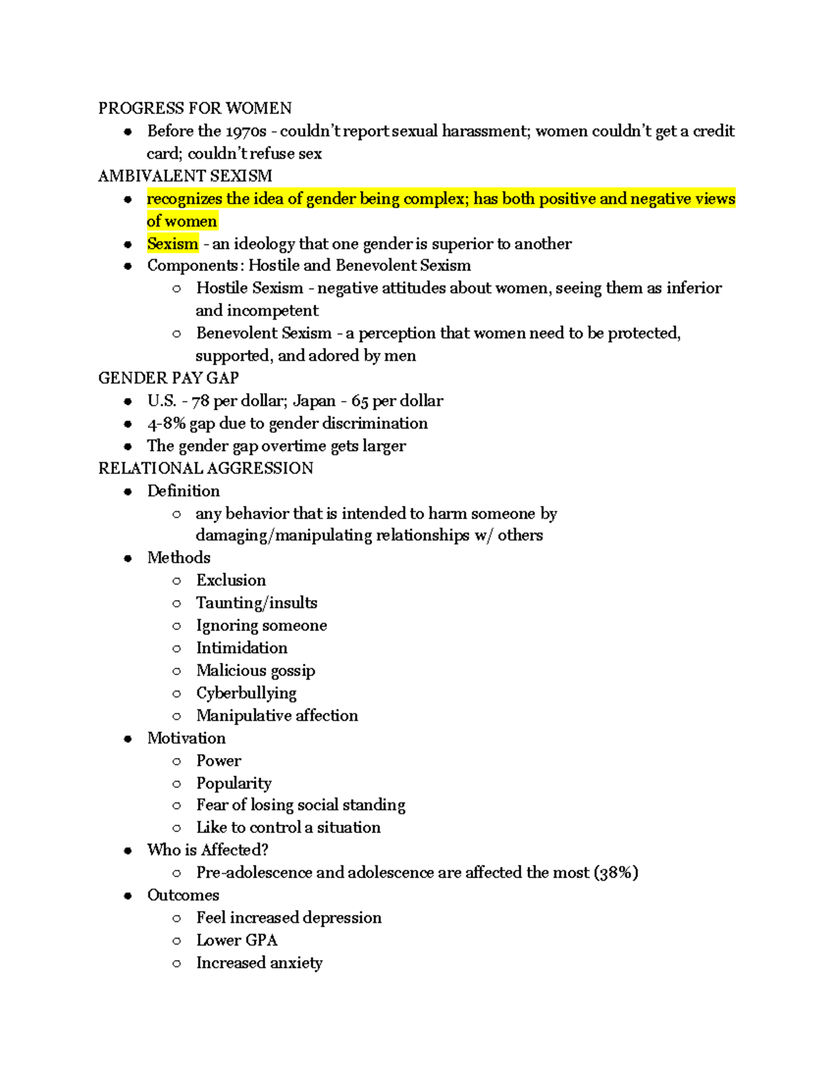 Intro to Psychology Class Notes - PROGRESS FOR WOMEN Before the 1970s ...