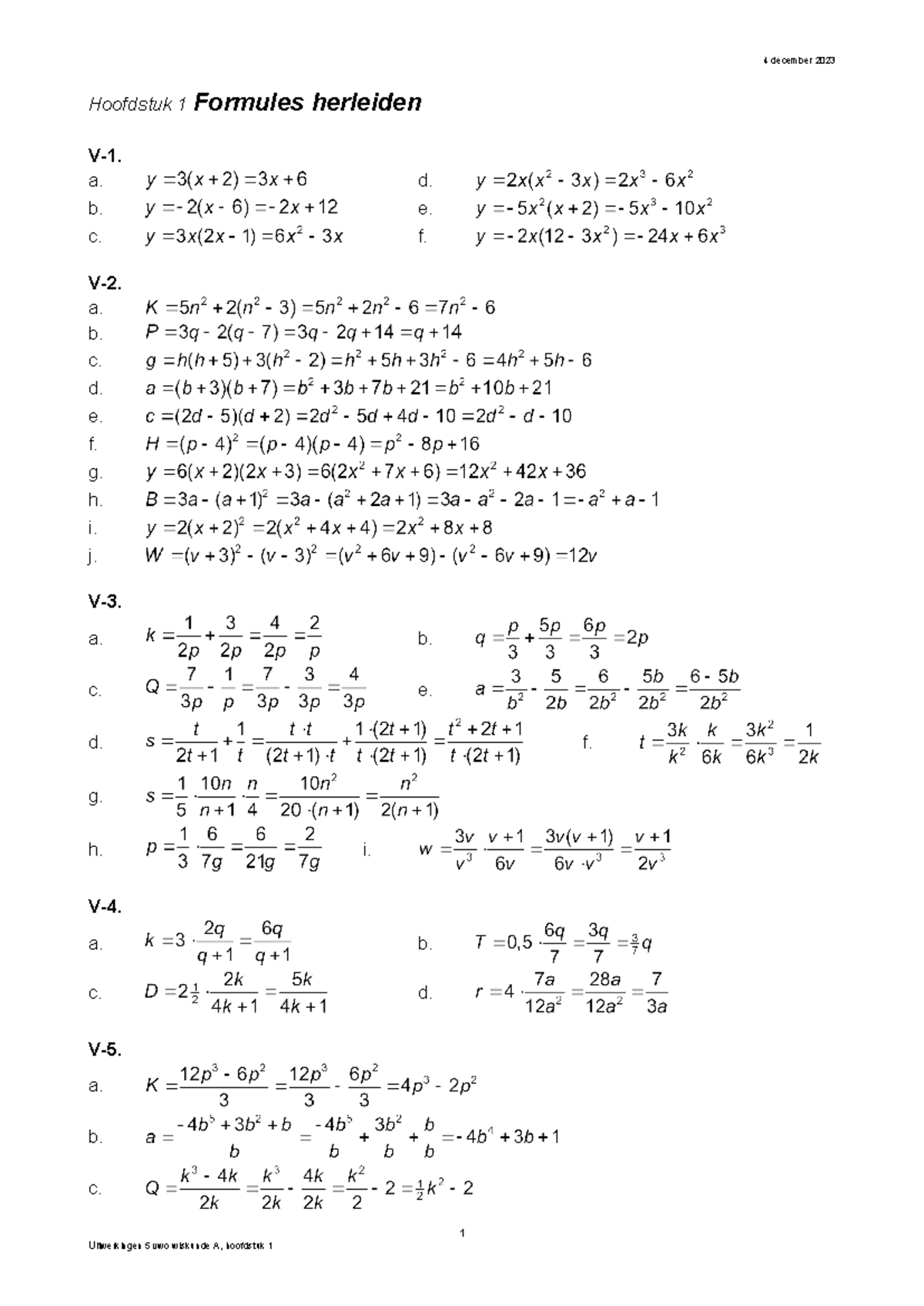 H1 - Formules herleiden - Hoofdstuk 1 Formules herleiden V-1. a. d. b ...