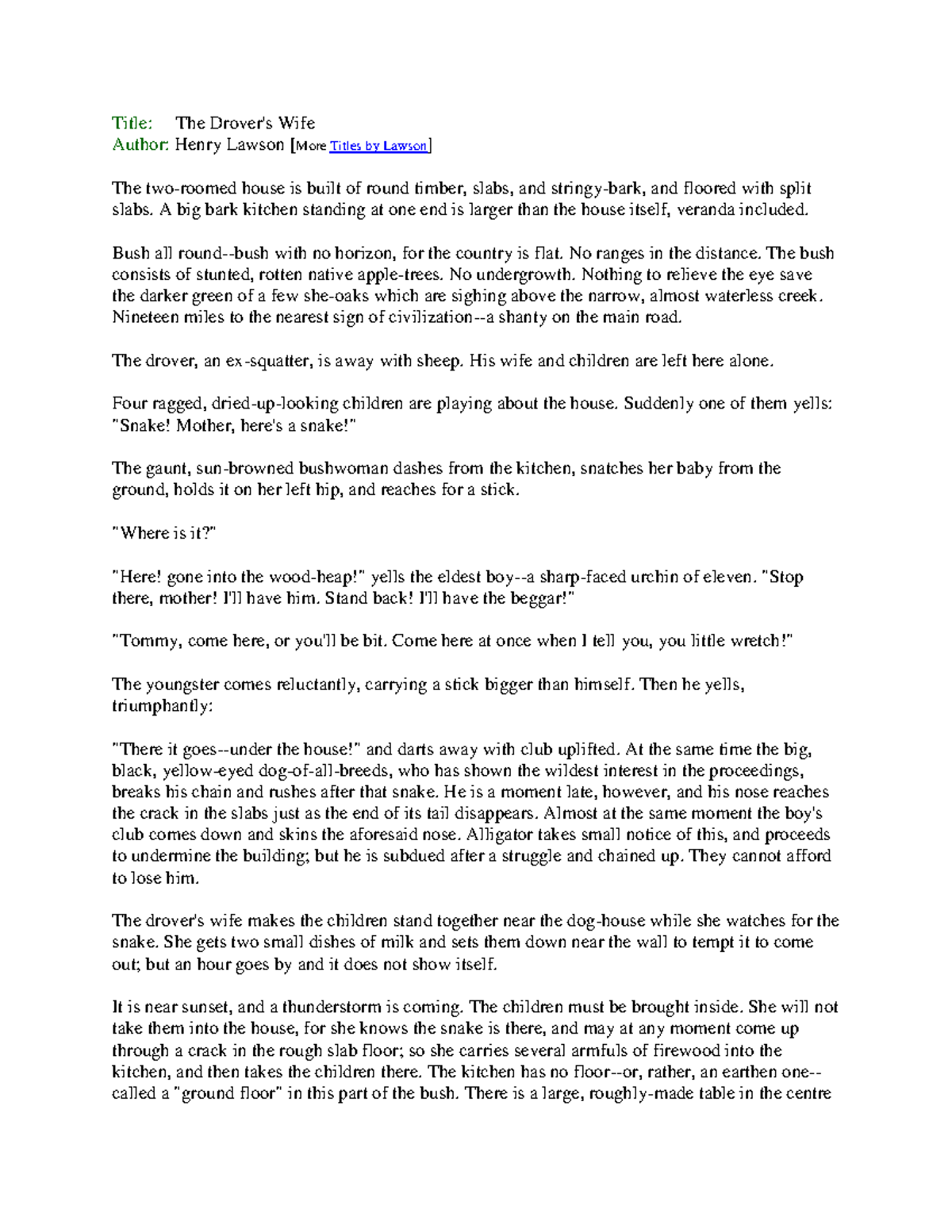 The Drover's Wife - Full text of the story - Title: The Drover's Wife ...