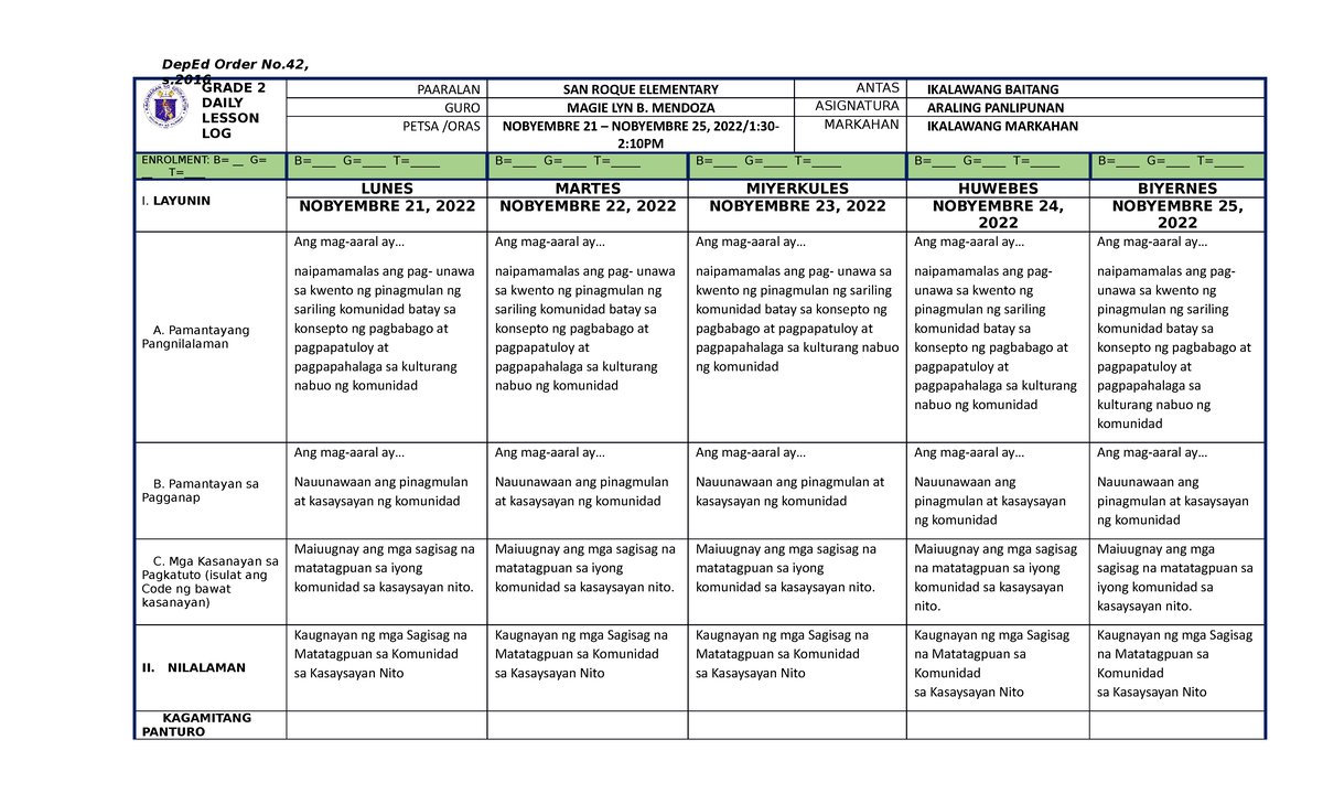 DLL AP2 Q2 W3 - Daily Lesson Log - GRADE 2 DAILY LESSON LOG PAARALAN ...