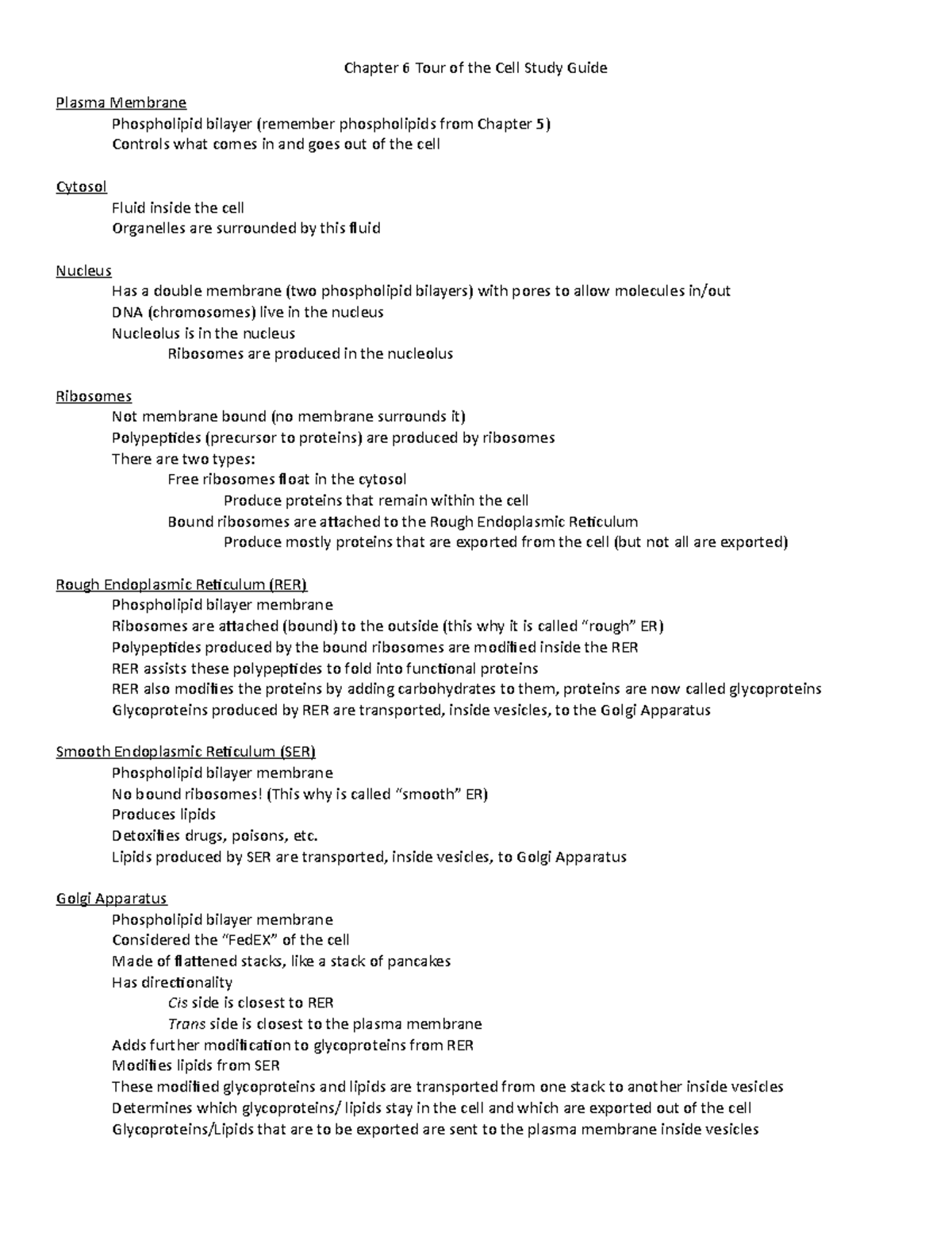 Chapter 6 Tour of the Cell Study Guide study guide - Chapter 6 Tour of ...