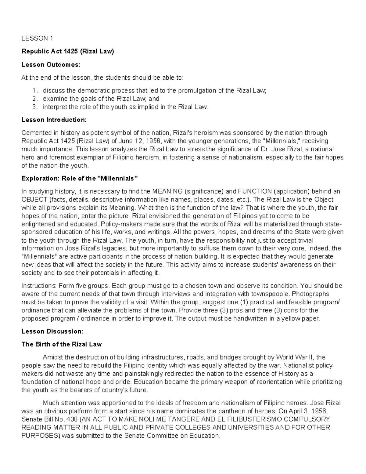 Rizal BOOK - LESSON 1 Republic Act 1425 (Rizal Law) Lesson Outcomes: At ...