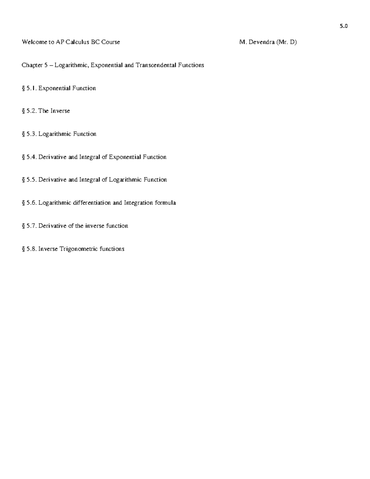 AP Calculus BC Chapter 5 – Logarithmic, Exponential and Transcendental Functions - Welcome to AP ...