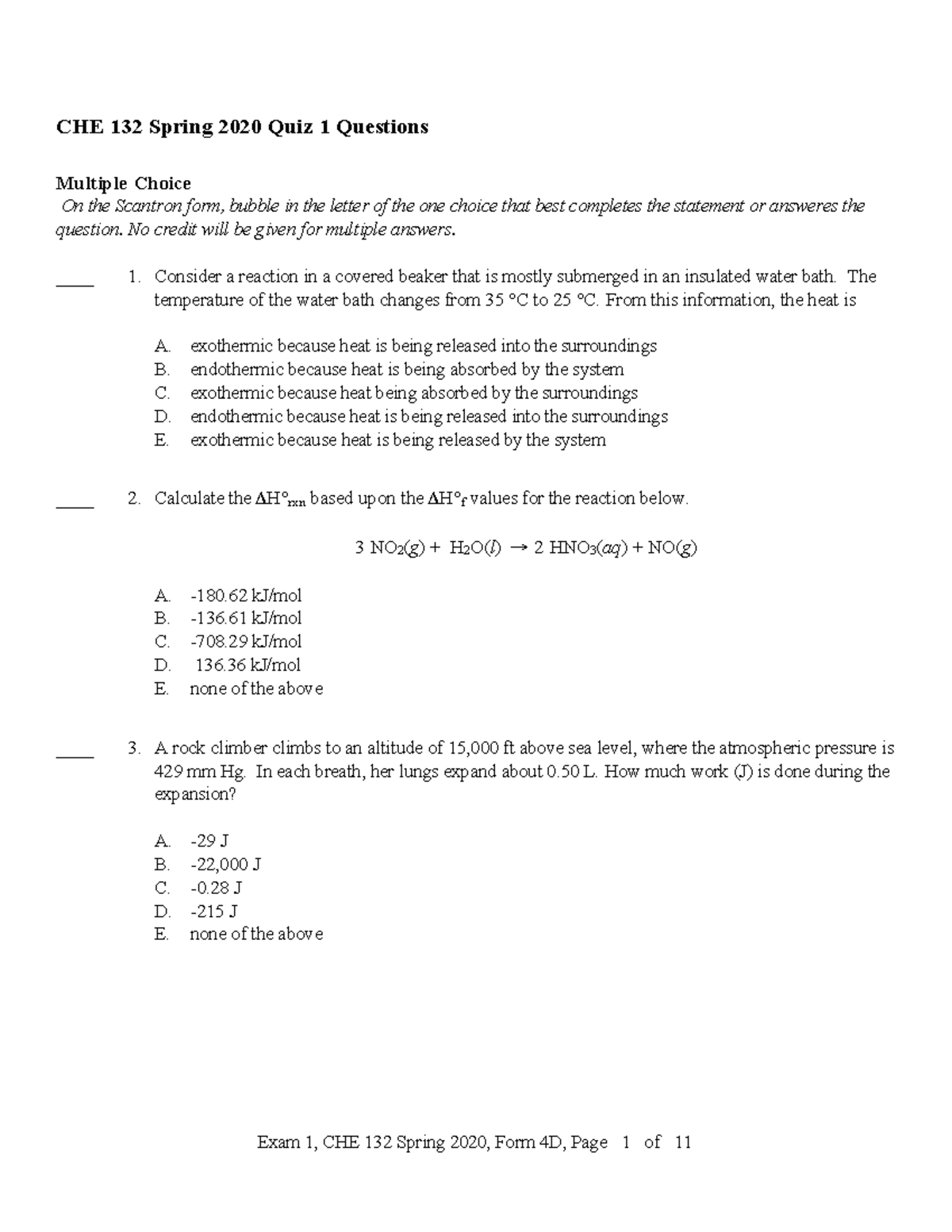 CHE 132 Spring 20 Pracice Quiz - CHE 132 Spring 2020 Quiz 1 Questions ...