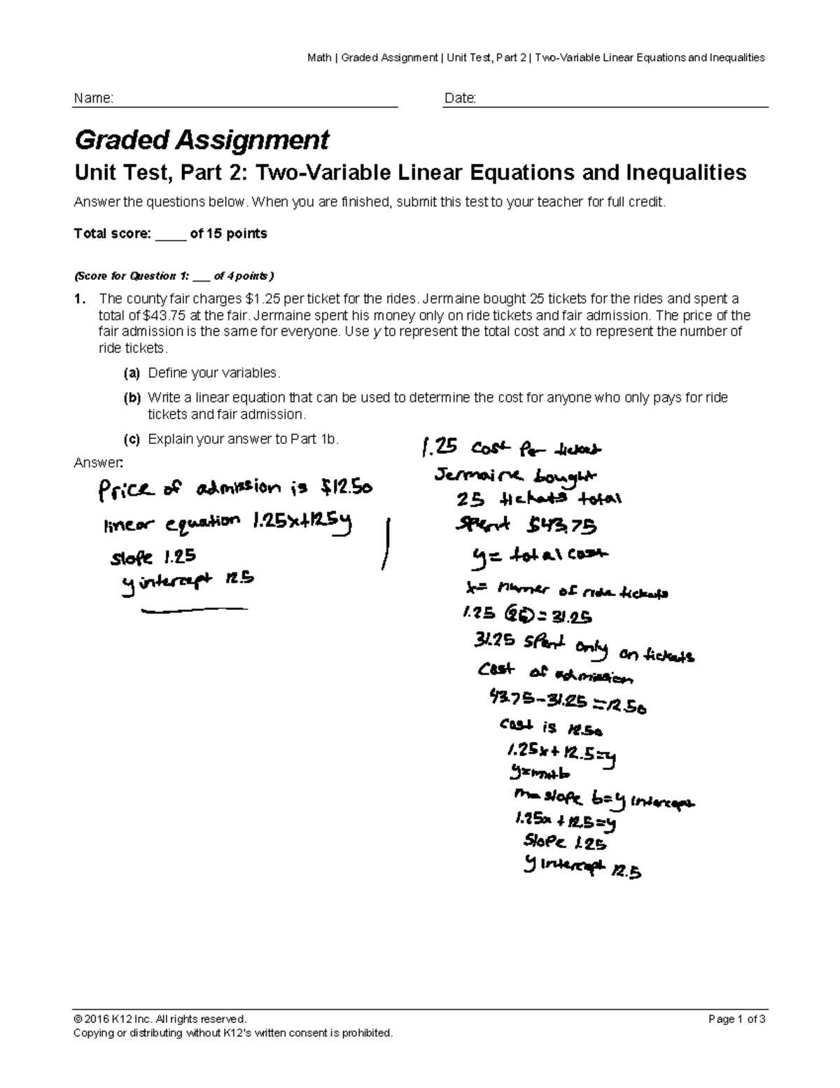 2 variable linear equations - Math | Graded Assignment | Unit Test ...