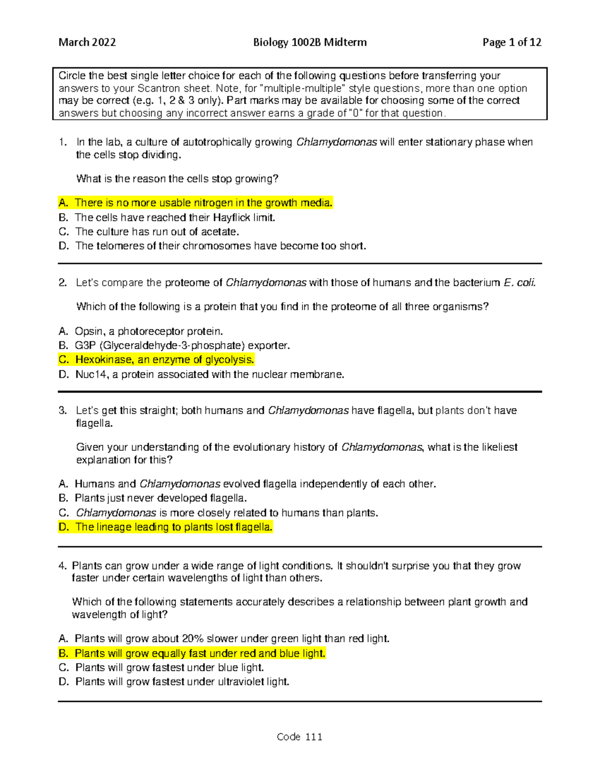 Bio1002B+Midterm Feedback code111 March+2022-2 - Circle the best single ...