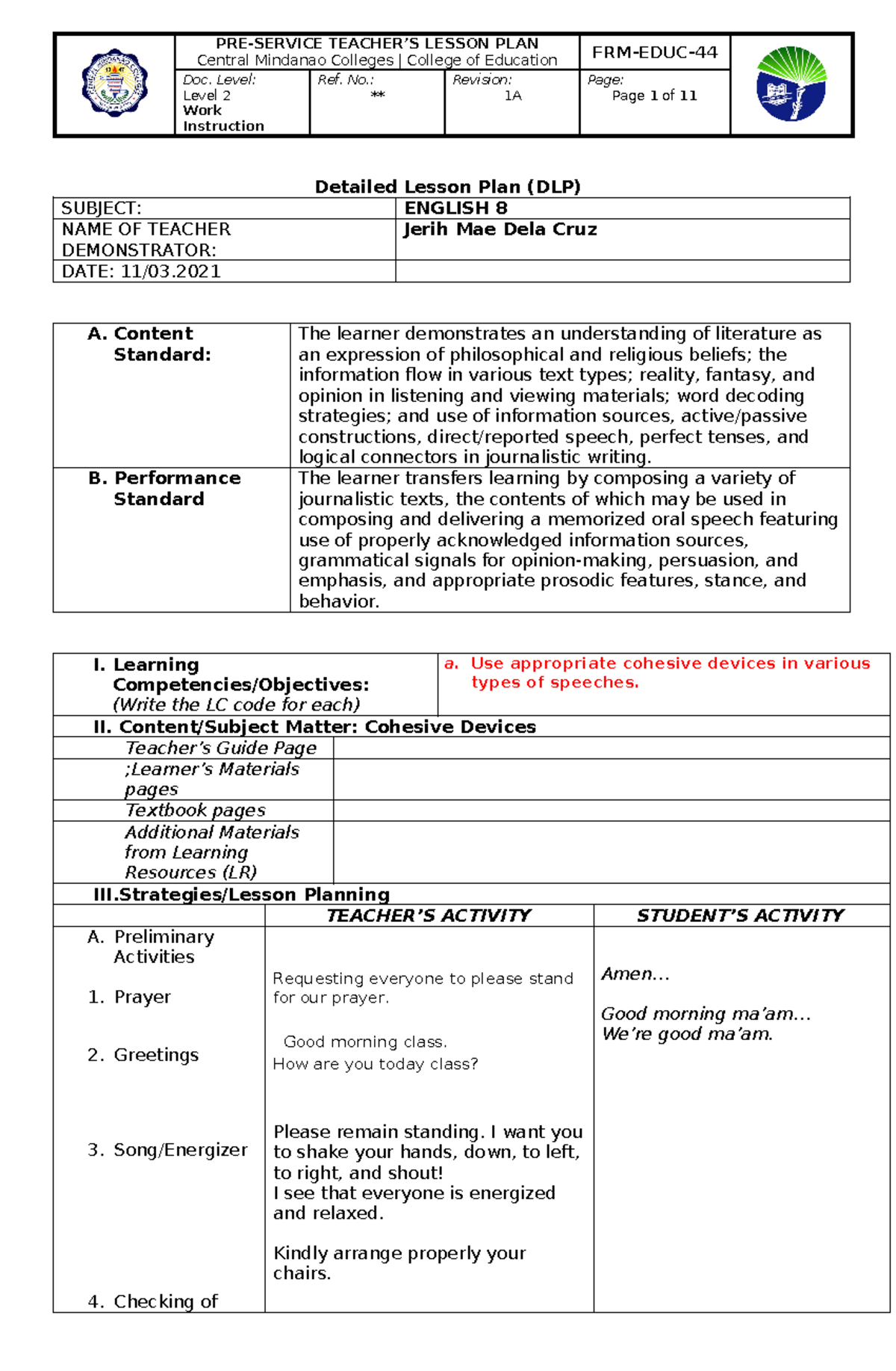 1ST-DLP - PRE-SERVICE TEACHER’S LESSON PLAN Central Mindanao Colleges ...