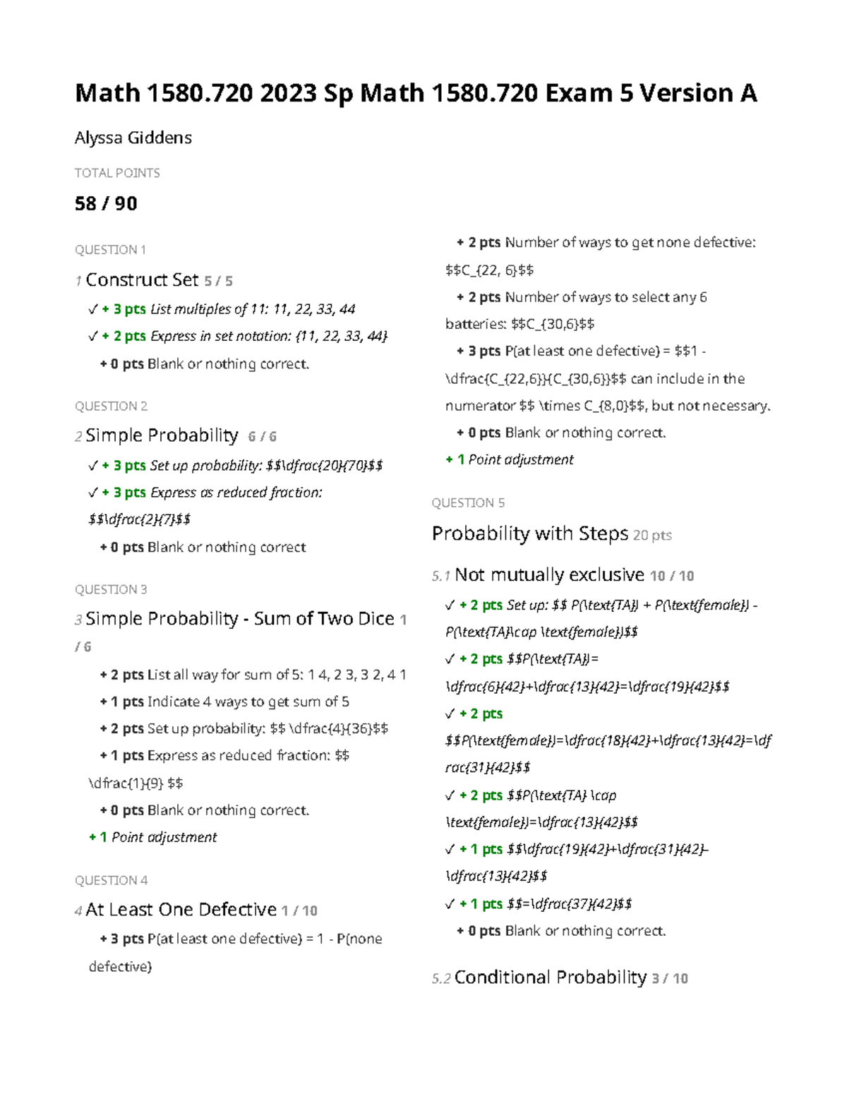 Module 5 test - probability - Math 1580 2023 Sp Math 1580 Exam 5 ...