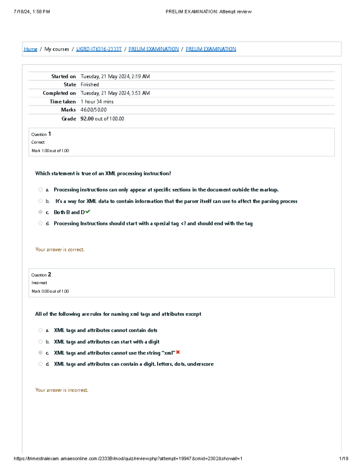 Prelim Examination Attempt review - Home / My courses / UGRD-IT6316 ...