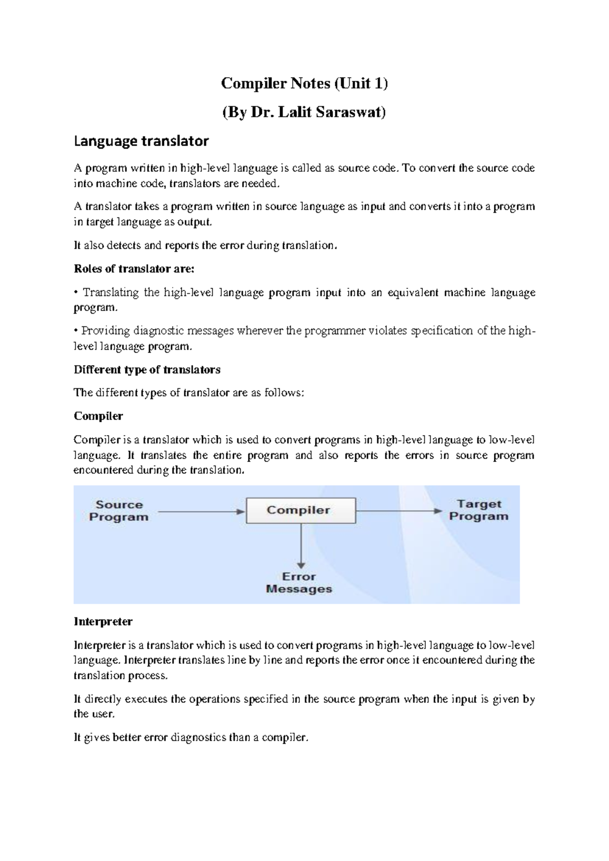 Compiler design notes - for study - Compiler Notes (Unit 1) (By Dr ...