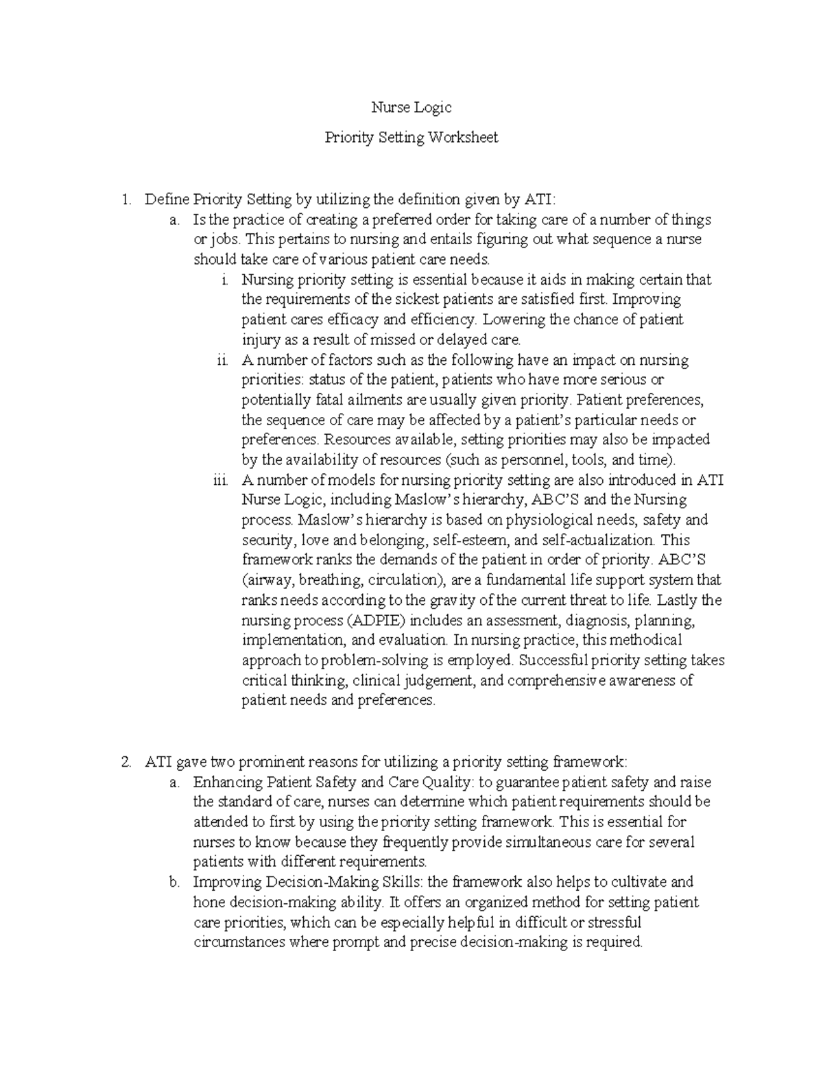 Nurse Logic Worksheet - Nurse Logic Priority Setting Worksheet Define ...