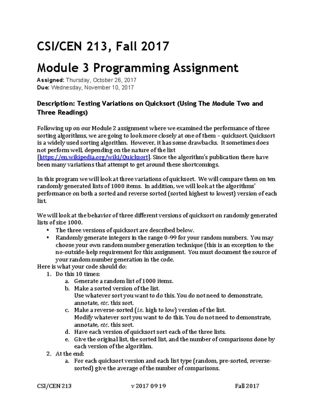 CSI 213 F17 M3 P1 2017 10 26 - CSI/CEN 213, Fall 2017 Module 3 Programming Assignment Assigned ...