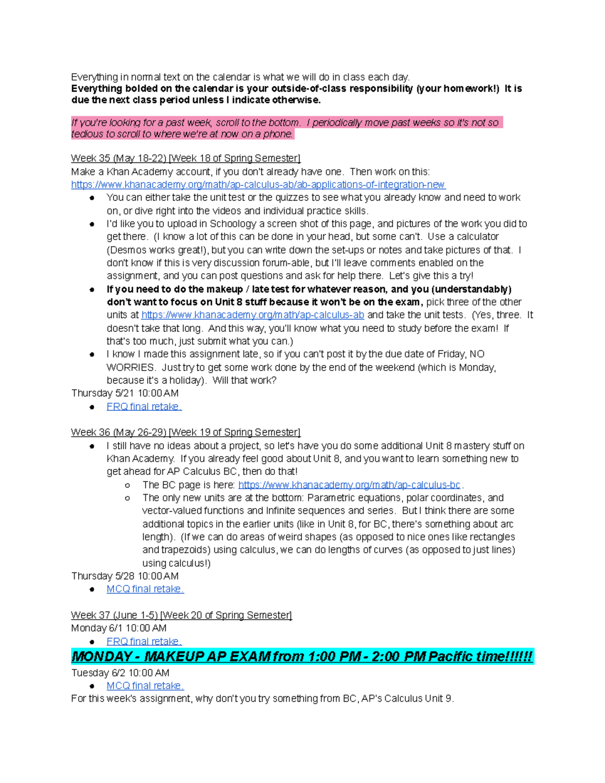 2019-2020 AP Calculus AB Calendar - Everything in normal text on the ...