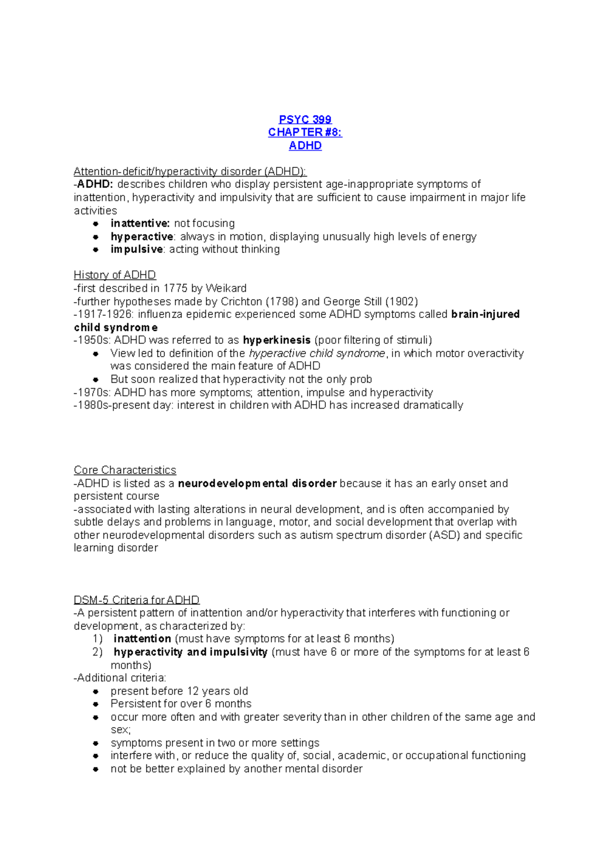 PSYC 399 Chapter 8 ADHD - Summary Abnormal Child Psychology - PSYC 399 ...