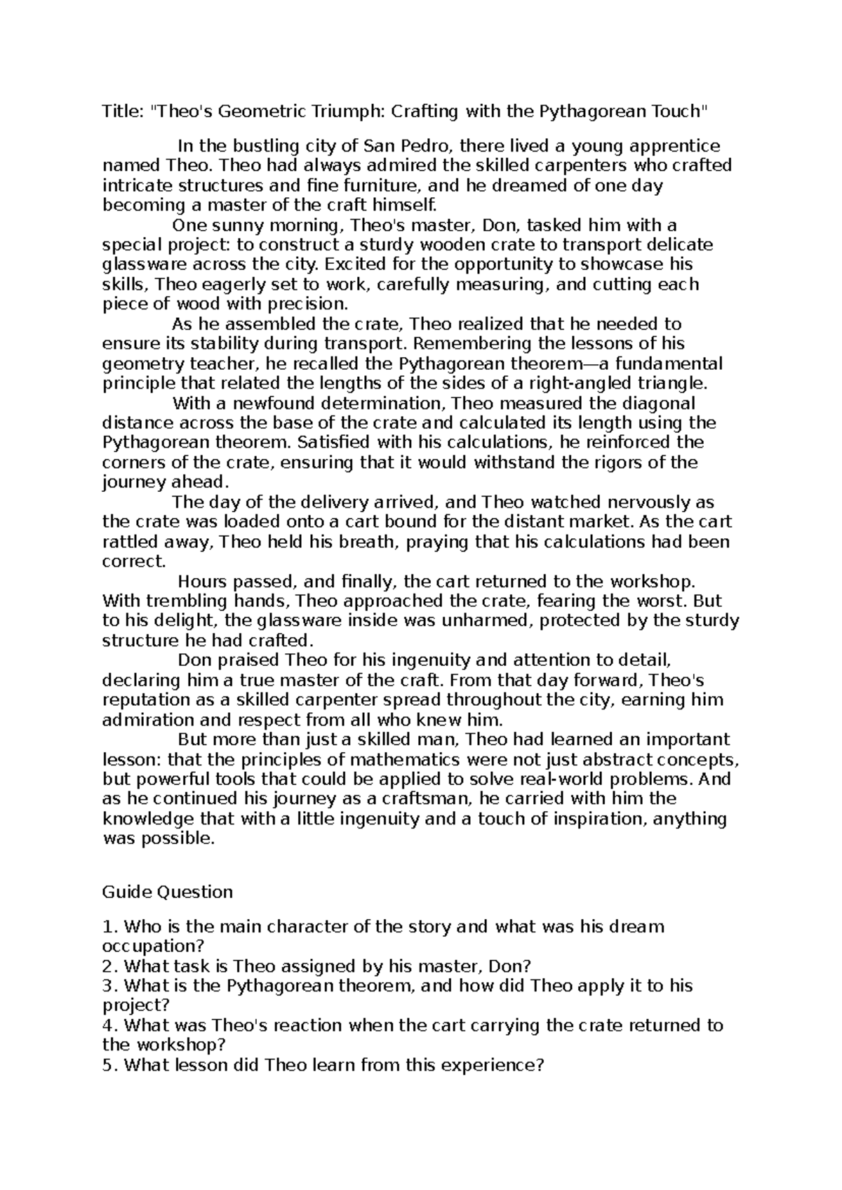 Readin Passage Pythagorean Theorem - Title: "Theo's Geometric Triumph ...