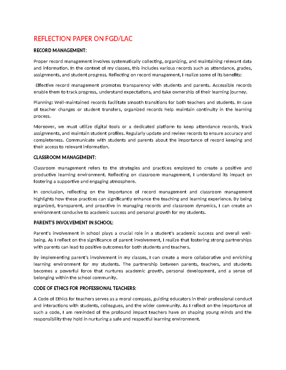 8 LAC Reflection - REFLECTION PAPER ON FGD/LAC RECORD MANAGEMENT ...