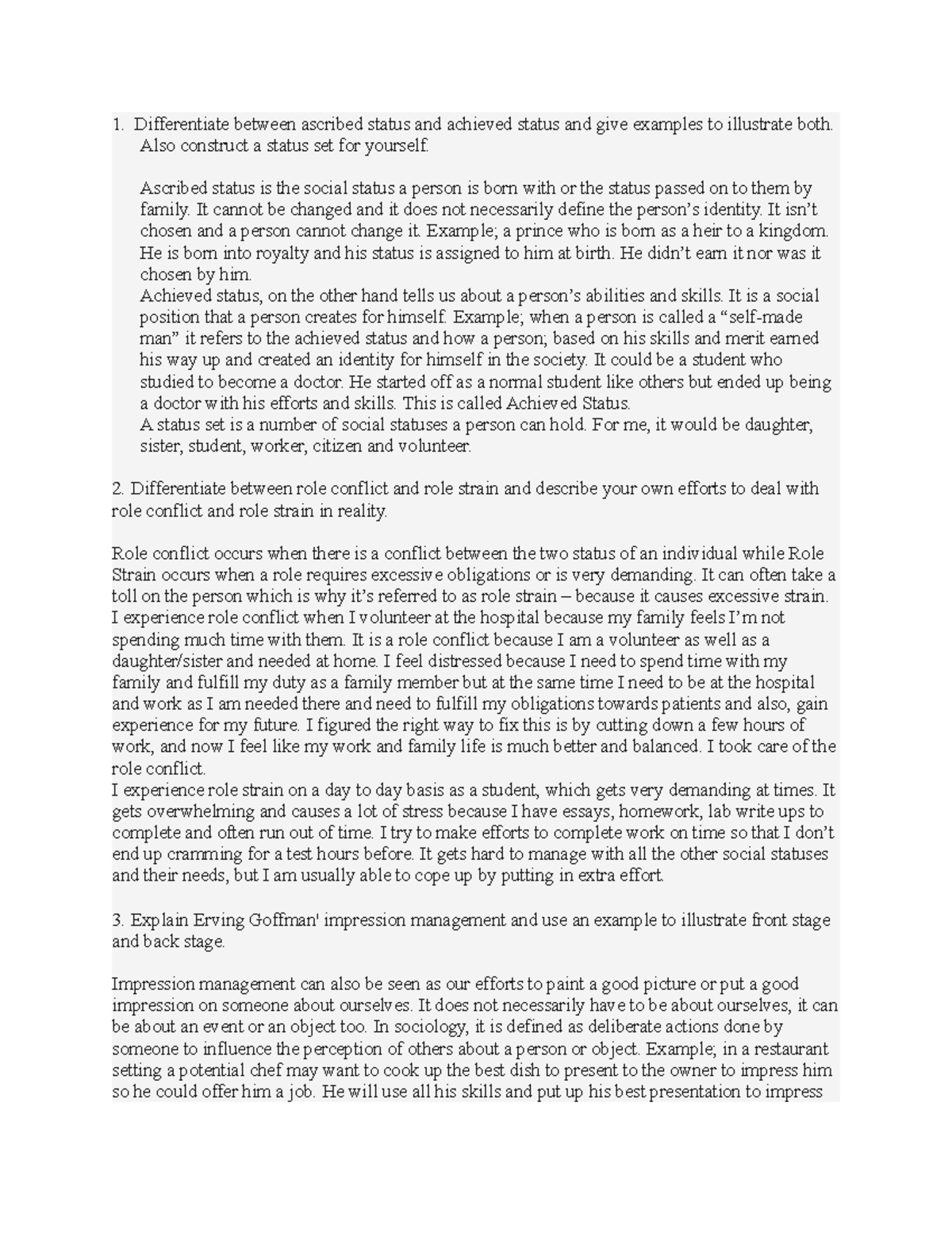 Sociology Lecture notes - 1. Differentiate between ascribed status and ...