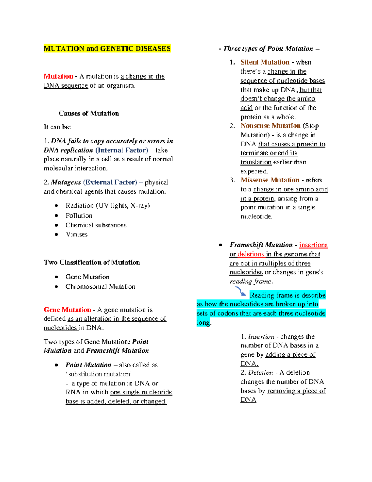Mutation and Genetic Disease - MUTATION and GENETIC DISEASES Mutation ...