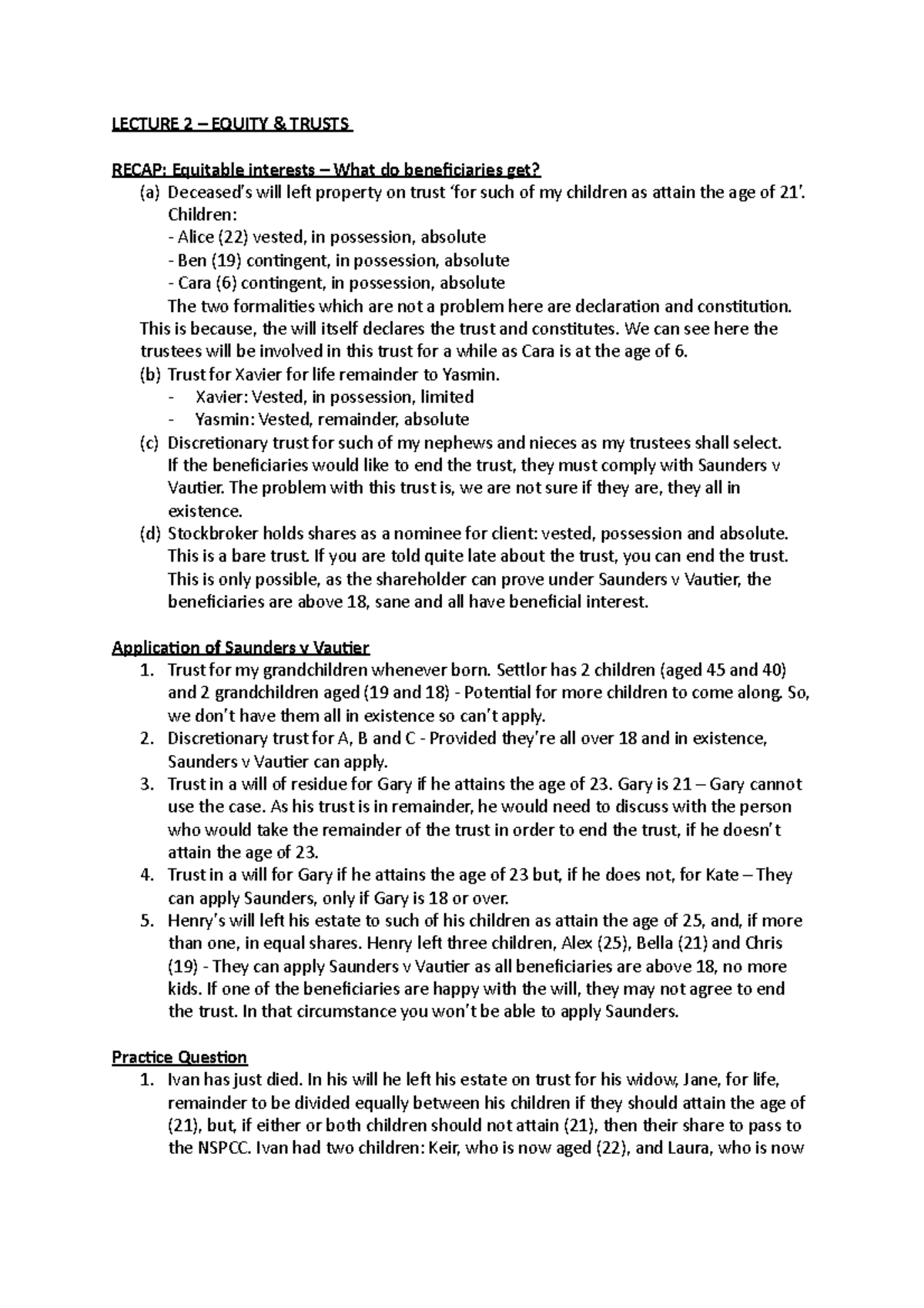 Lecture 2 - Equity & Trusts - LECTURE 2 – EQUITY & TRUSTS RECAP ...