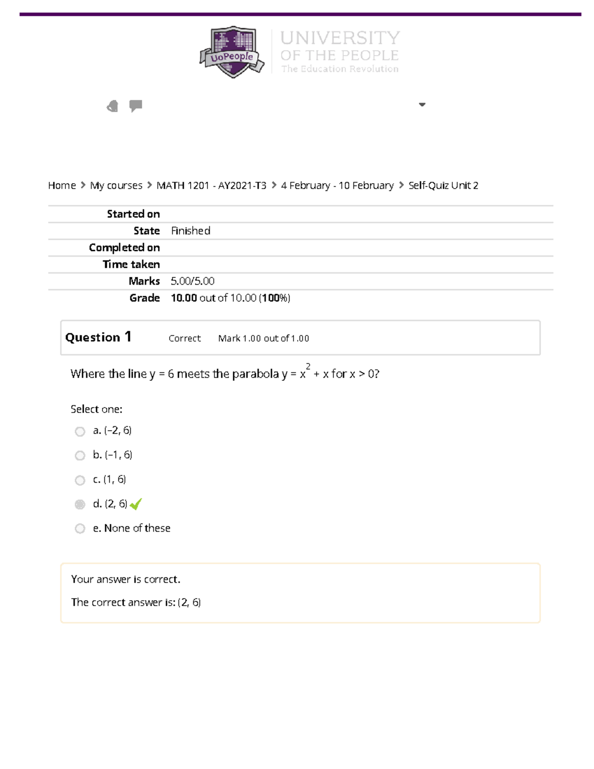 Self-Quiz Unit 2 Attempt review 2 - MATH 1201 - UoPeople - Studocu