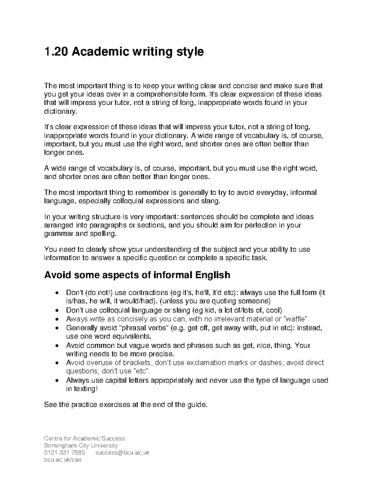 Academic writing worksheet - Centre for Academic Success Birmingham ...