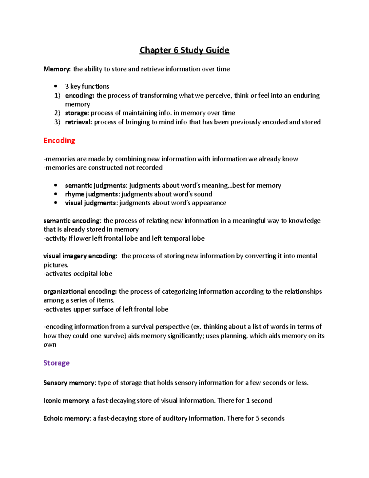 Chapter 6 Study Guide - Chapter 6 Study Guide Memory: the ability to ...