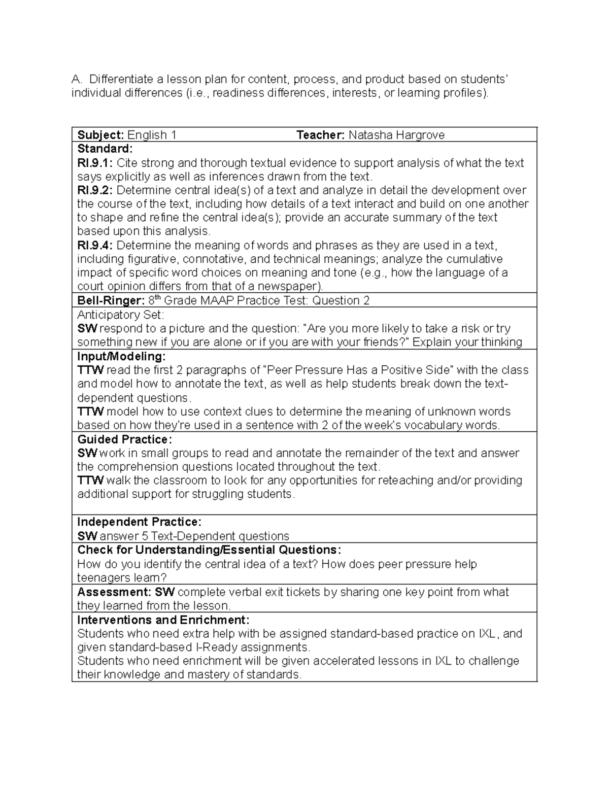 Differentiating Content Process and Product - A. Differentiate a lesson ...