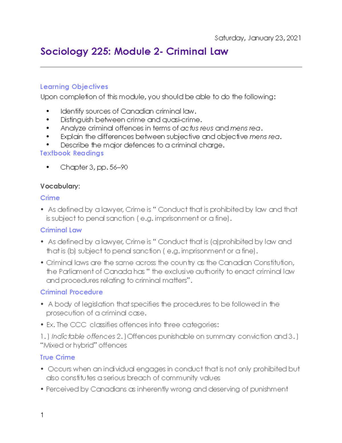 Module 2 - Lecture notes 2 - Sociology 225: Module 2- Criminal Law ...
