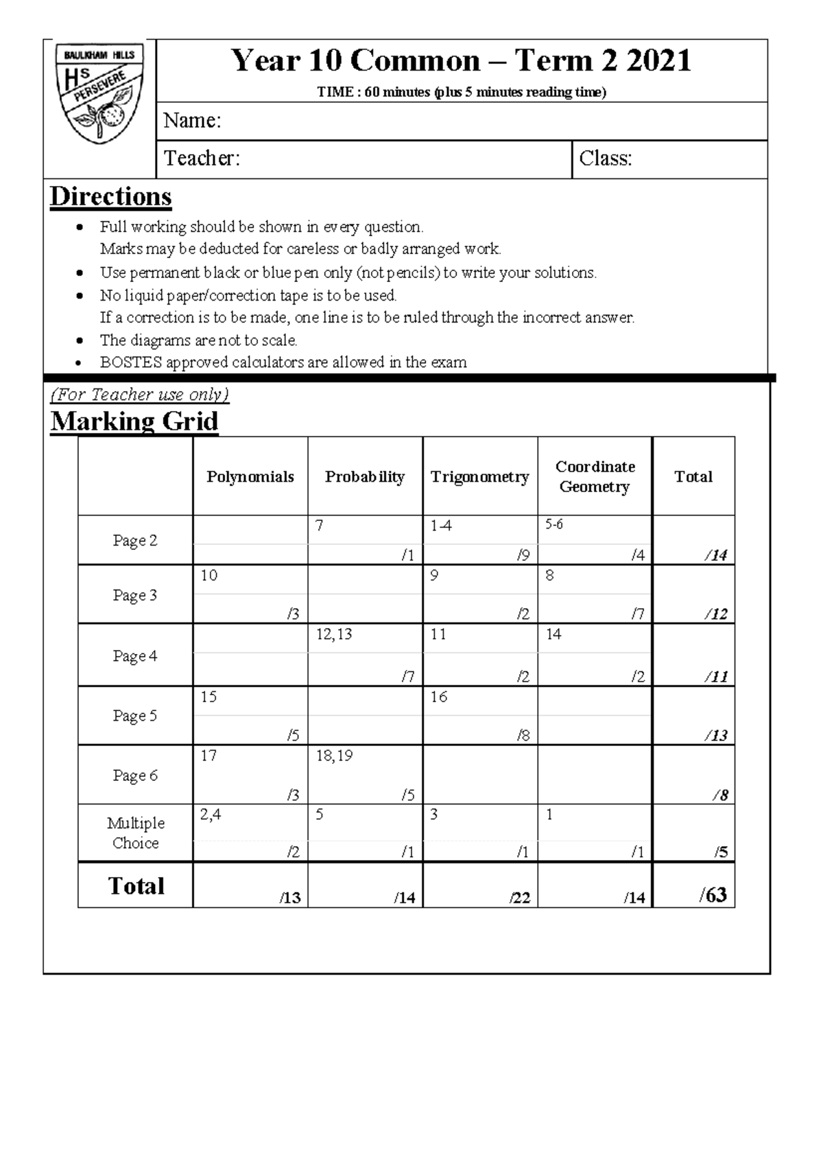 Year 10 T2 2021 Final Exam - Mathematics Questions - Year 10 Common ...
