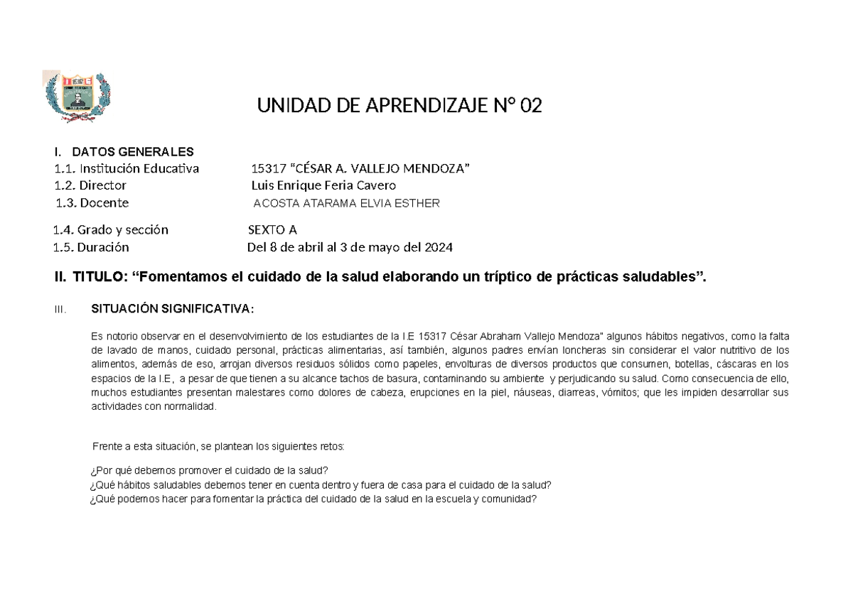 Unidad DE Aprendizaje 2 - 6° Grado - UNIDAD DE APRENDIZAJE N° 02 I ...