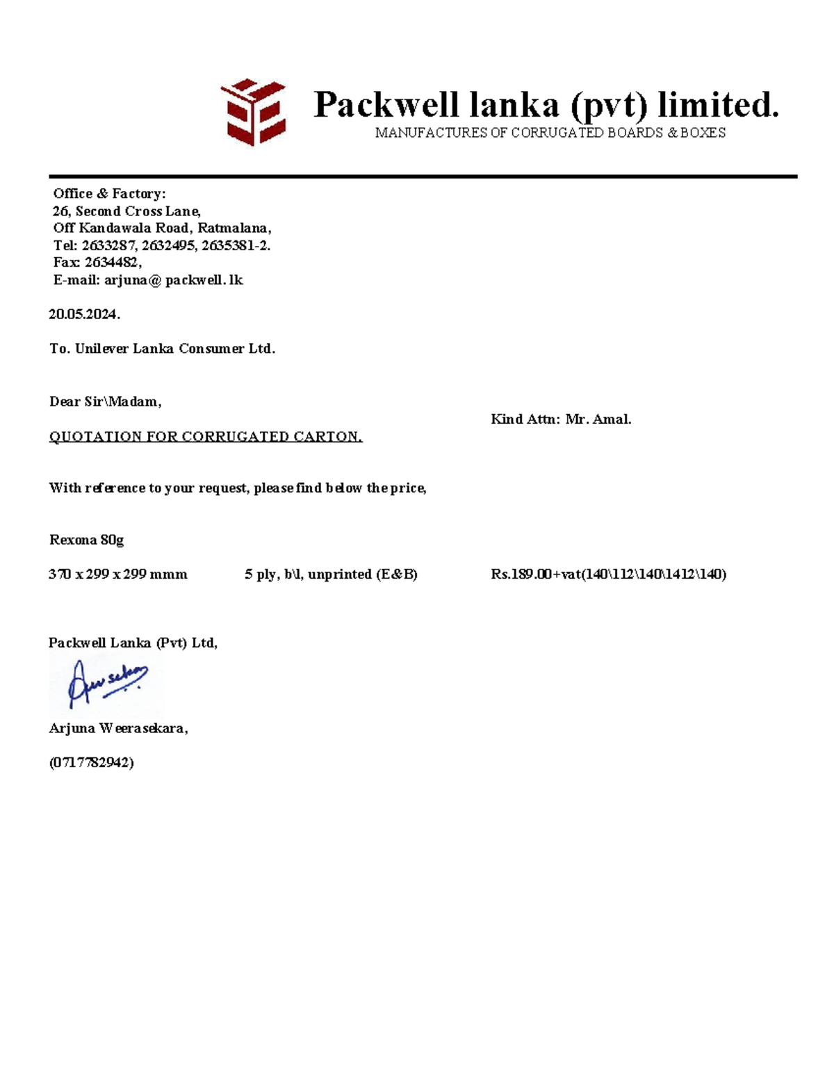 Packwell Corrugated quotation (003) - 27 - Packwell lanka (pvt) limited ...