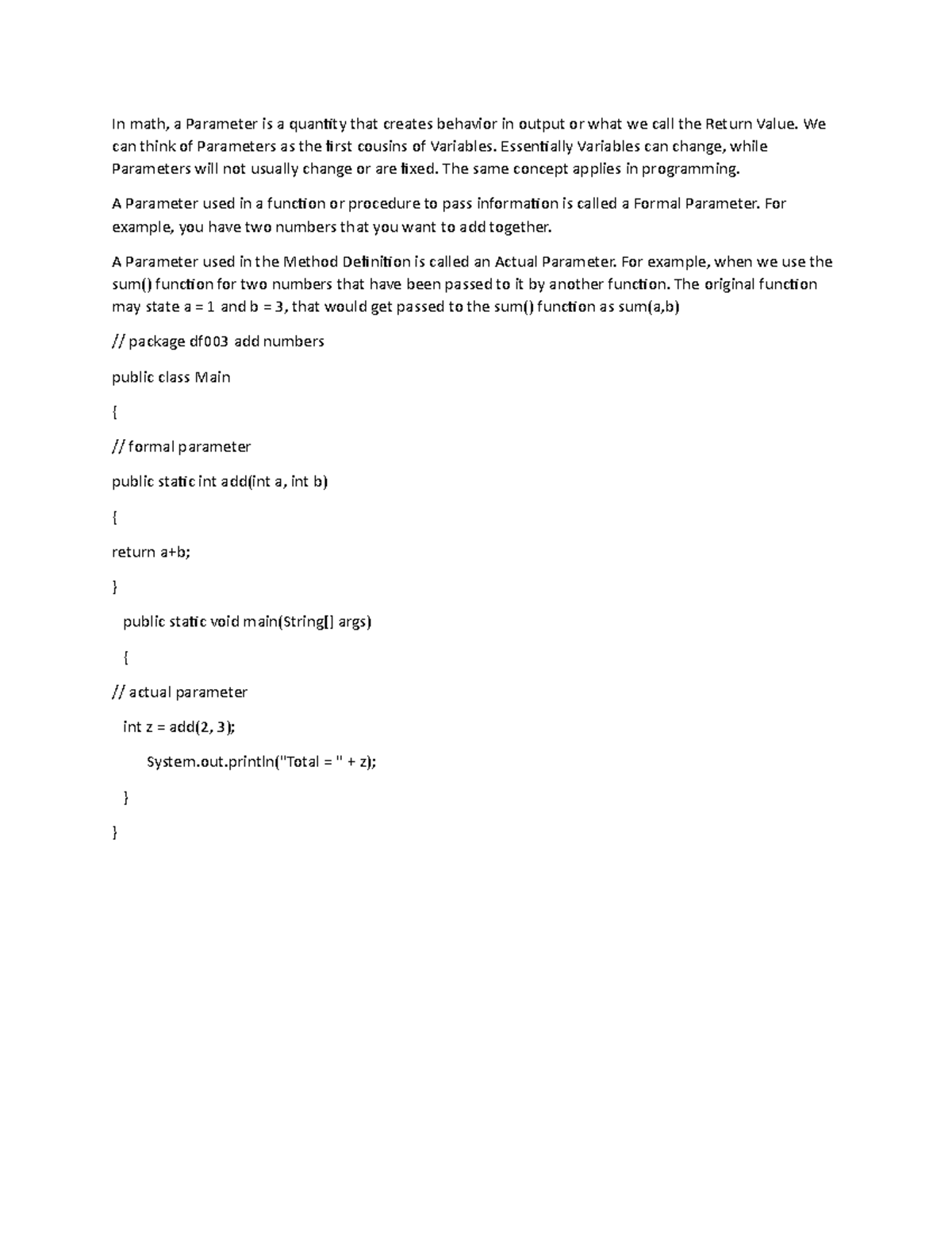 CS1102 Programming 1 - Discussion 3 - In math, a Parameter is a ...