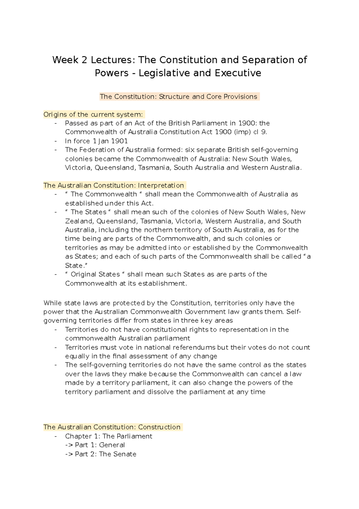 Week 2 Lecture Notes - Week 2 Lectures: The Constitution and Separation ...