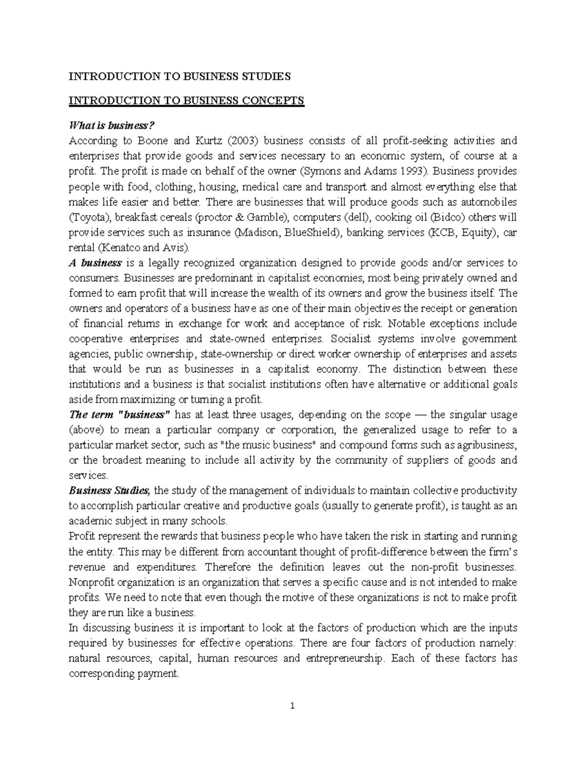 Introduction TO Business Studies - INTRODUCTION TO BUSINESS STUDIES ...