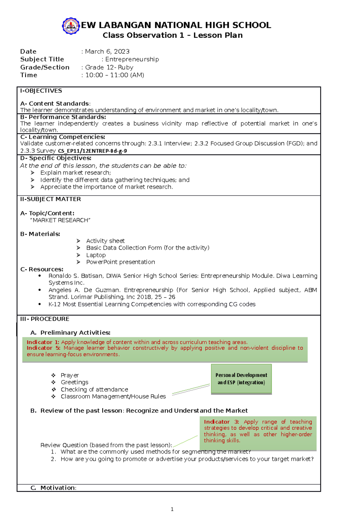 LP- Market Research - Lesson Plan in Entrep - NEW LABANGAN NATIONAL ...